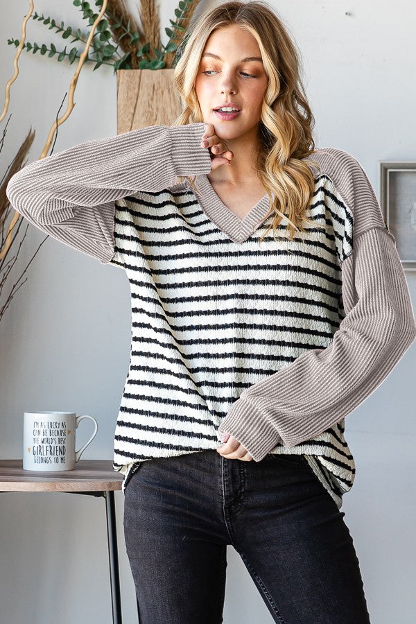 Stripe And Solid Urban Ribbed Contrast Top (4 COLORS) | HEIMISH *NASHV ...