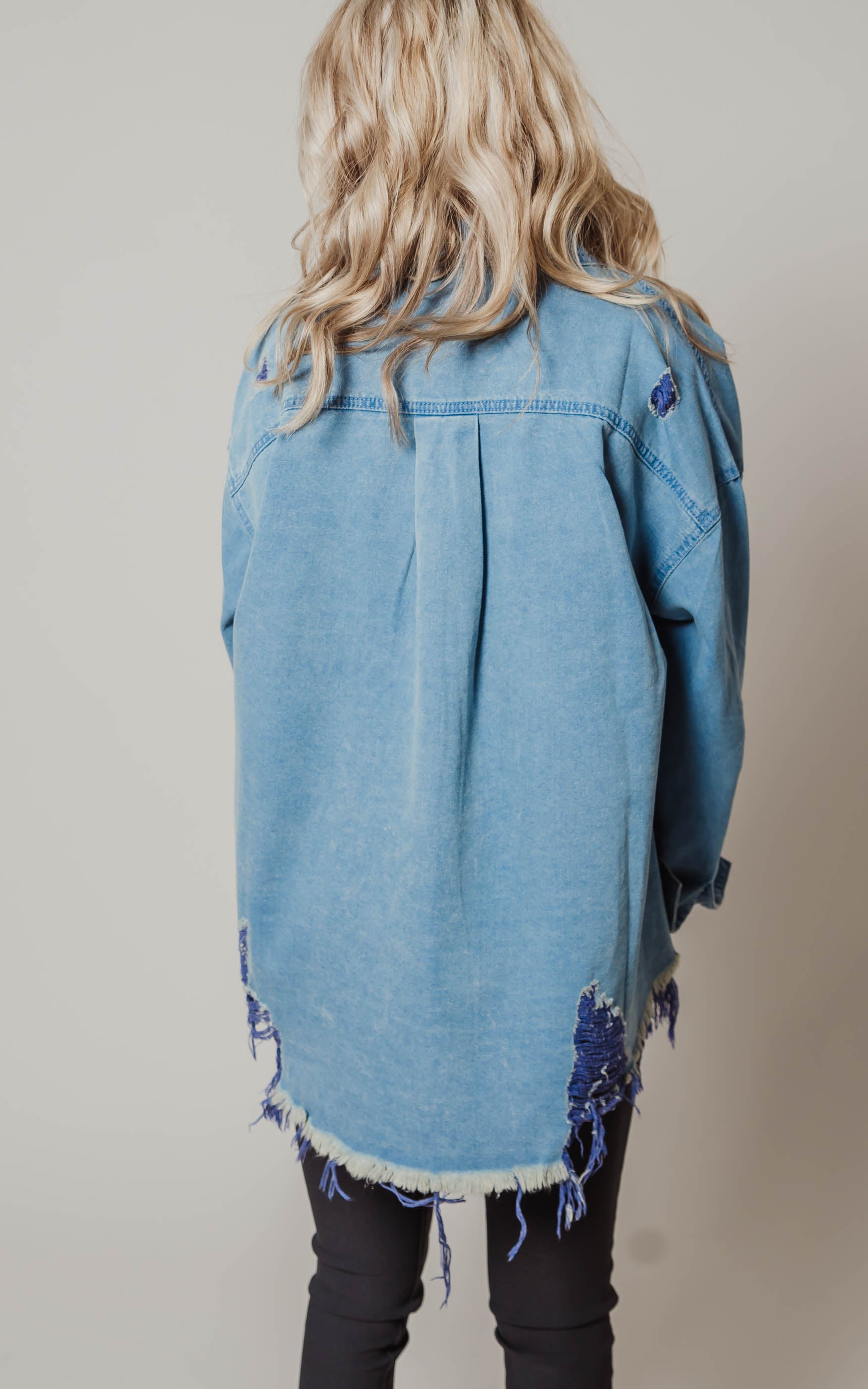 Long Sleeve Solid Woven Denim Distressed Shacket - Final Sale* | BAD ...